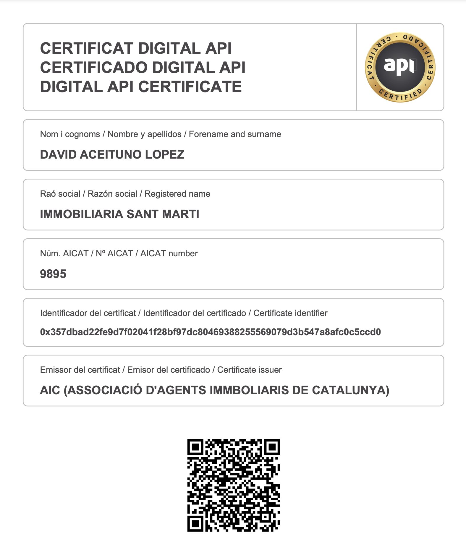 CERTIFICADO DIGITAL API | Immobiliària Sant Martí